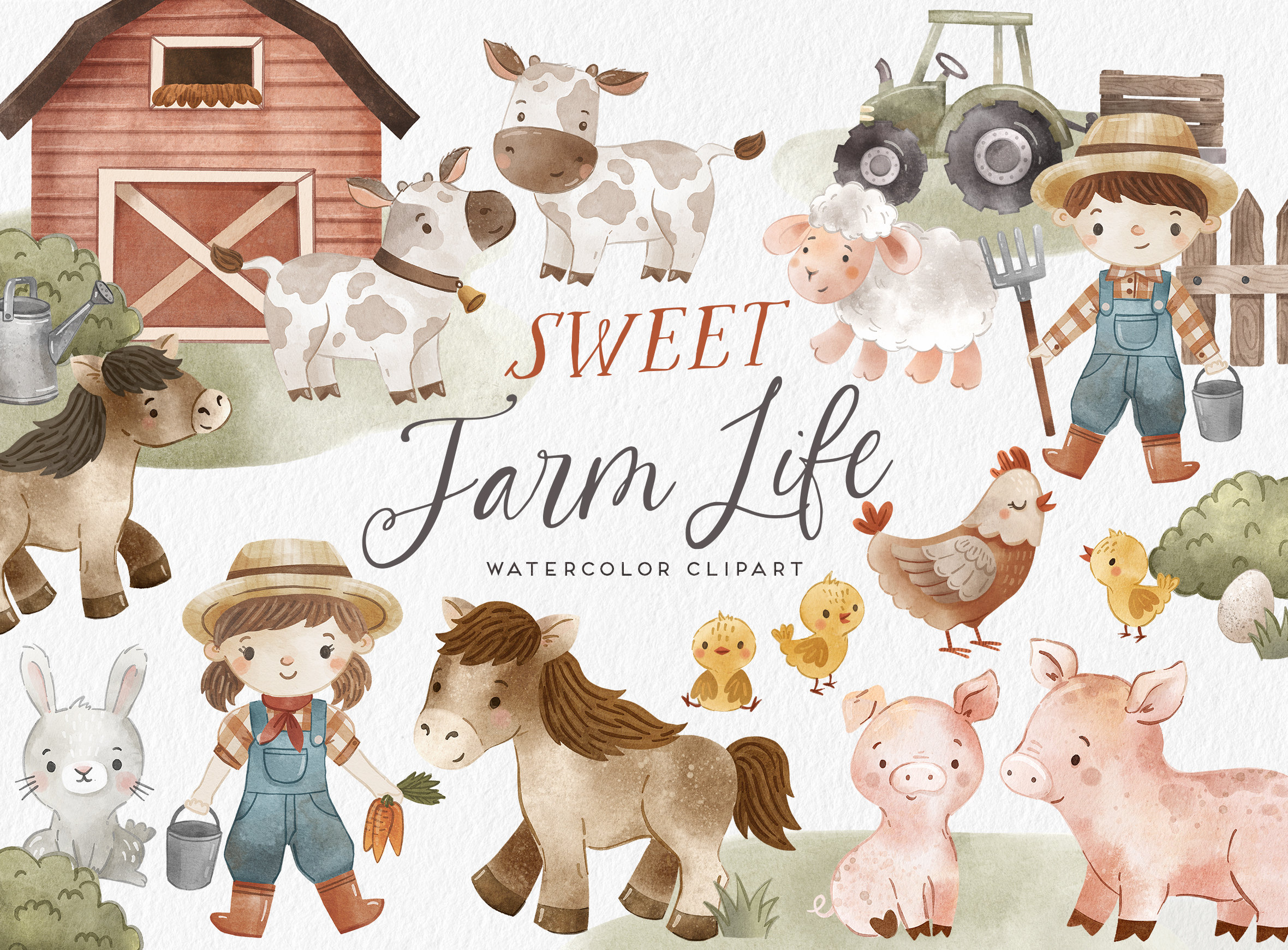 Farm Watercolor Clipart Cute Farm Animals Digital Clip Art - Etsy