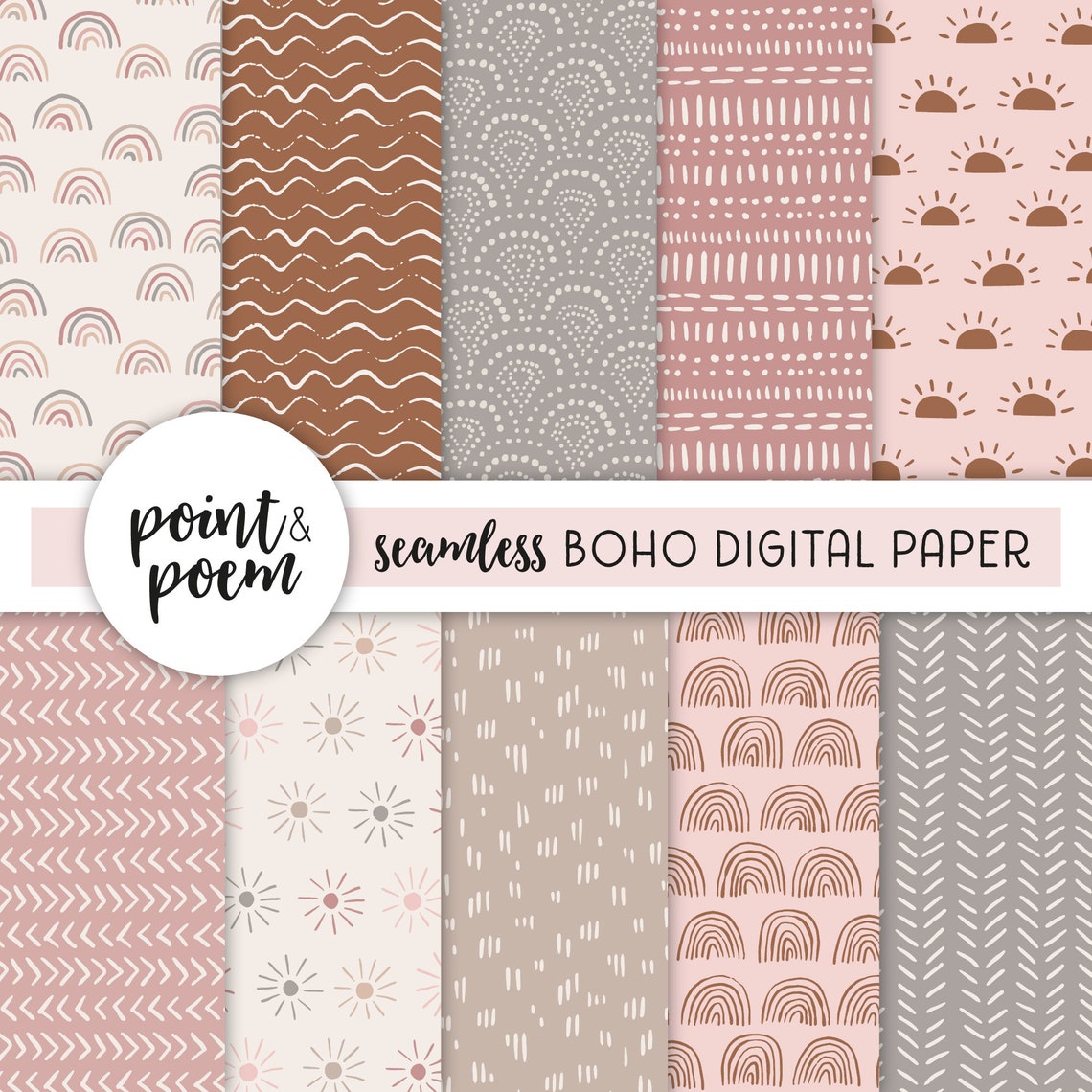 Boho Doodle Seamless Digital Papers Brown Pink & Cream Boho | Etsy