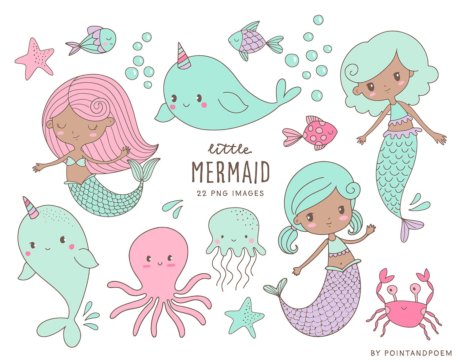 Mermaid Clipart. Cute African American Mermaids and Sea - Etsy