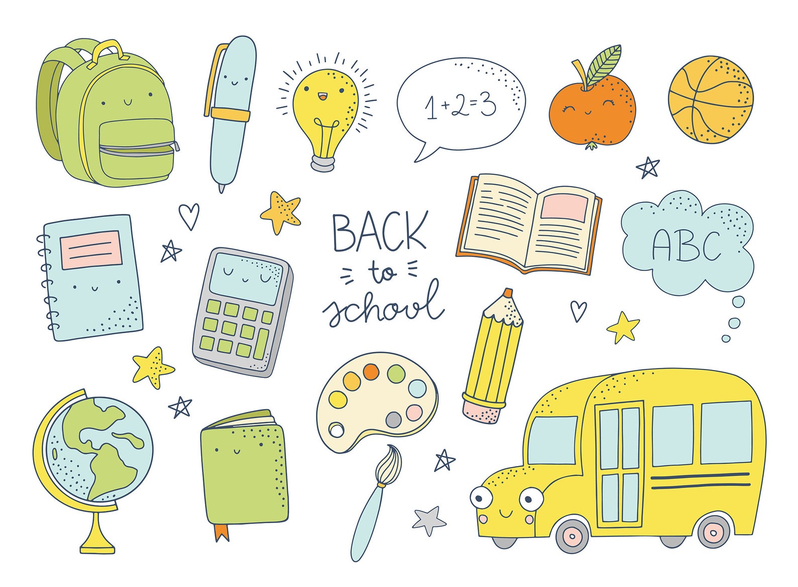 School Clipart. Cute Doodle Back to School Supplies Objects - Etsy