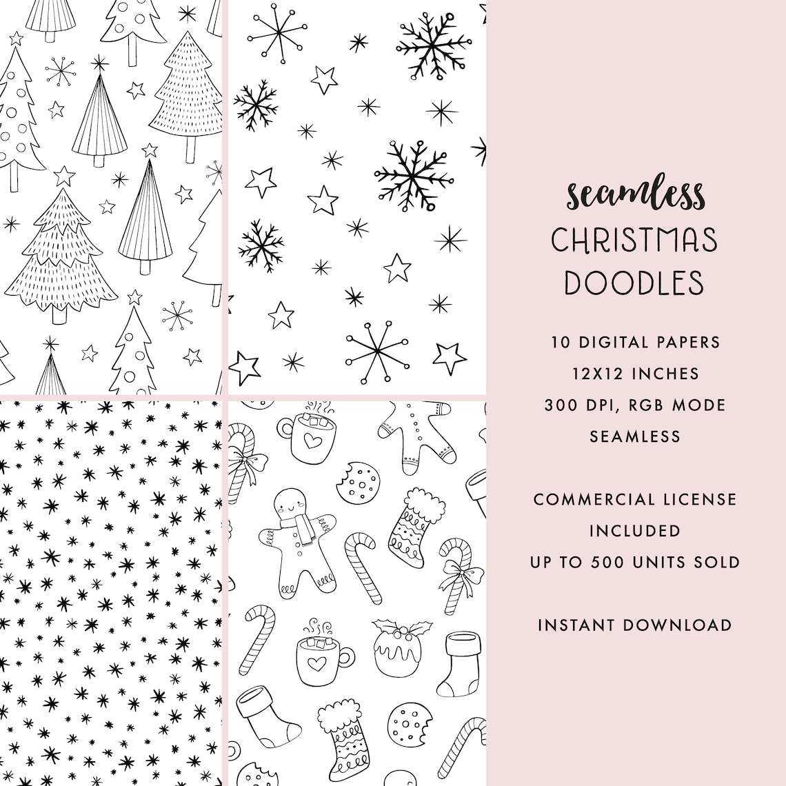 Doodle Christmas Digital Paper Black and White Scandi - Etsy