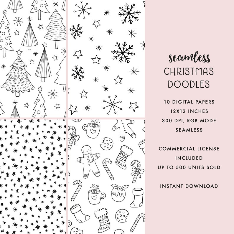 Doodle Christmas Digital Paper Black and White Scandi - Etsy