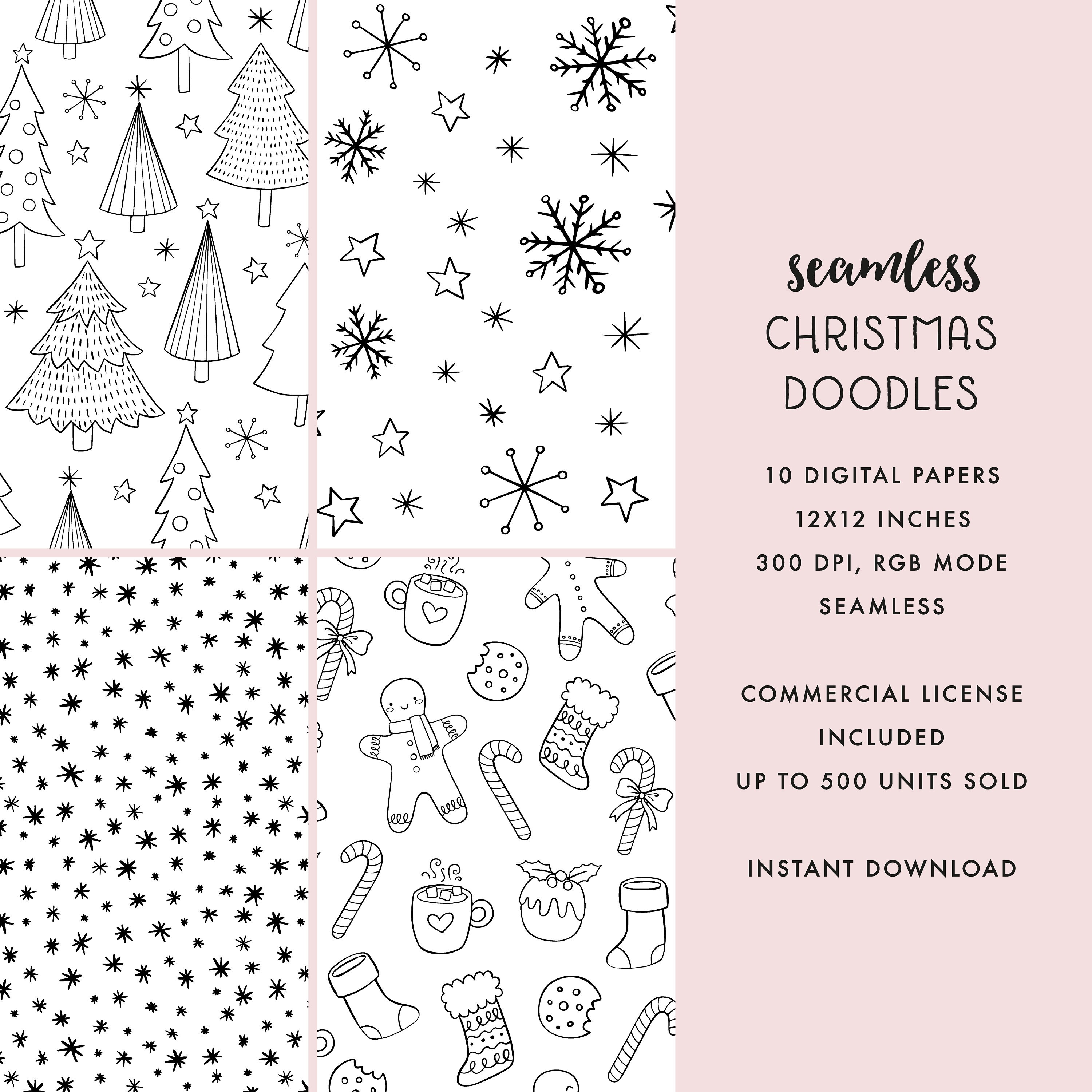 Doodle Christmas Digital Paper Black and White Scandi | Etsy