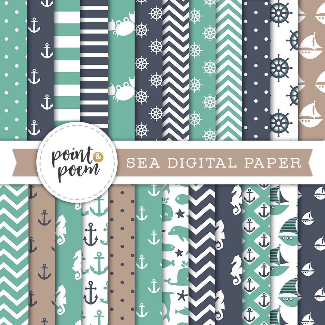 Navy Turquoise Nautical Digital Paper, Sea, Coastal, Sailing, Summer ...