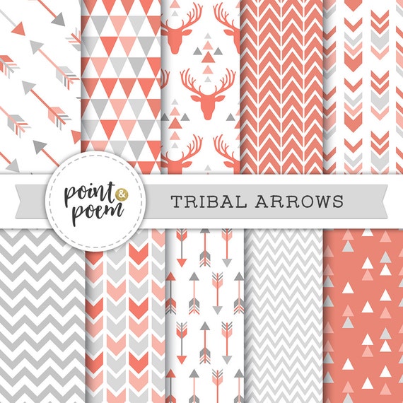 Arrows Tribal Digital Papers Coral Gray Pink Red Printable | Etsy