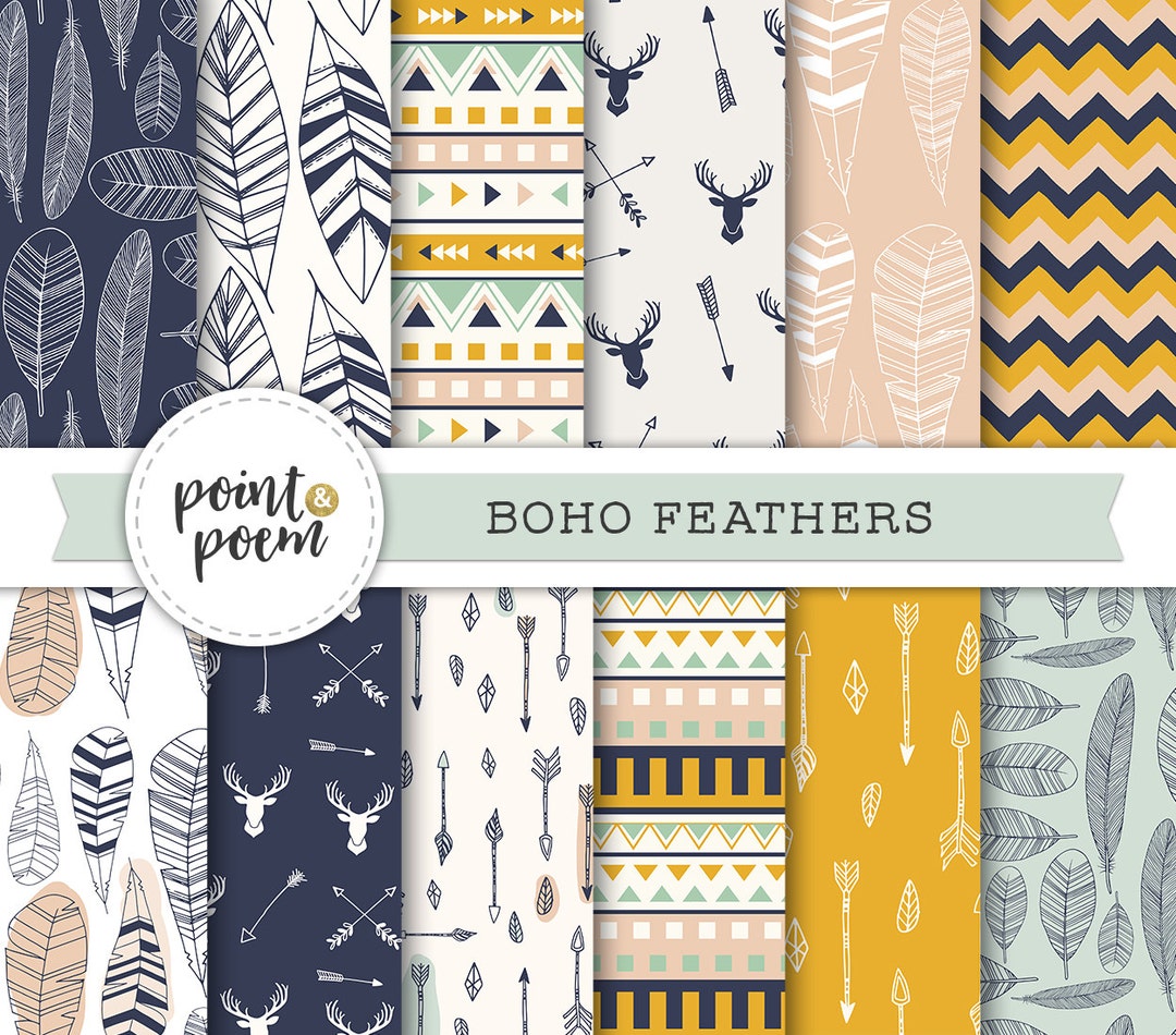 Boho Digital Paper Tribal Feathers Arrows Deer Antlers Pink Mint Navy ...