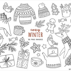 Cute Christmas Digital Stamps. Cozy Winter Clipart. Coloring Christmas ...