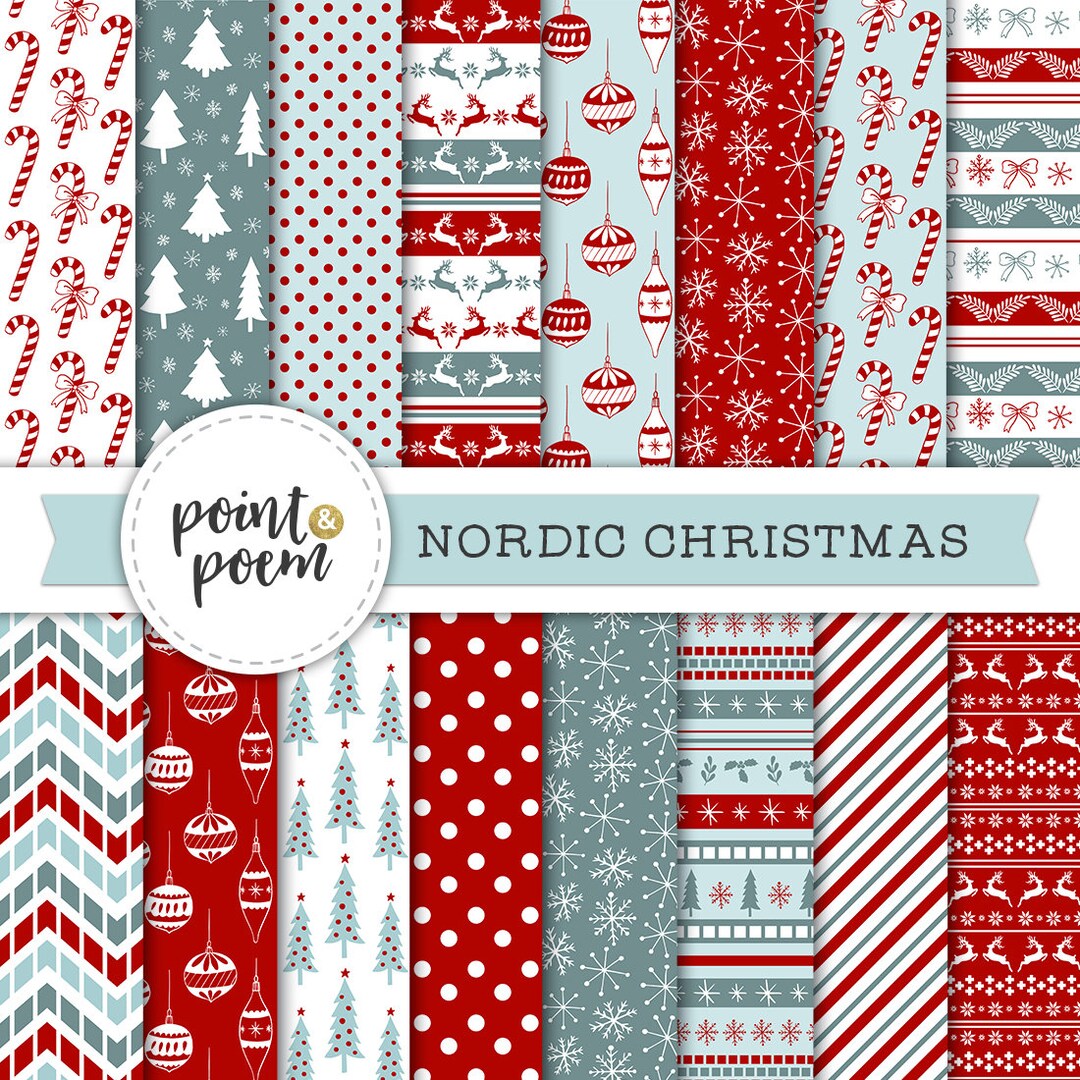 Christmas Digital Paper, Digital Paper, Red Blue Paper Set, Nordic ...