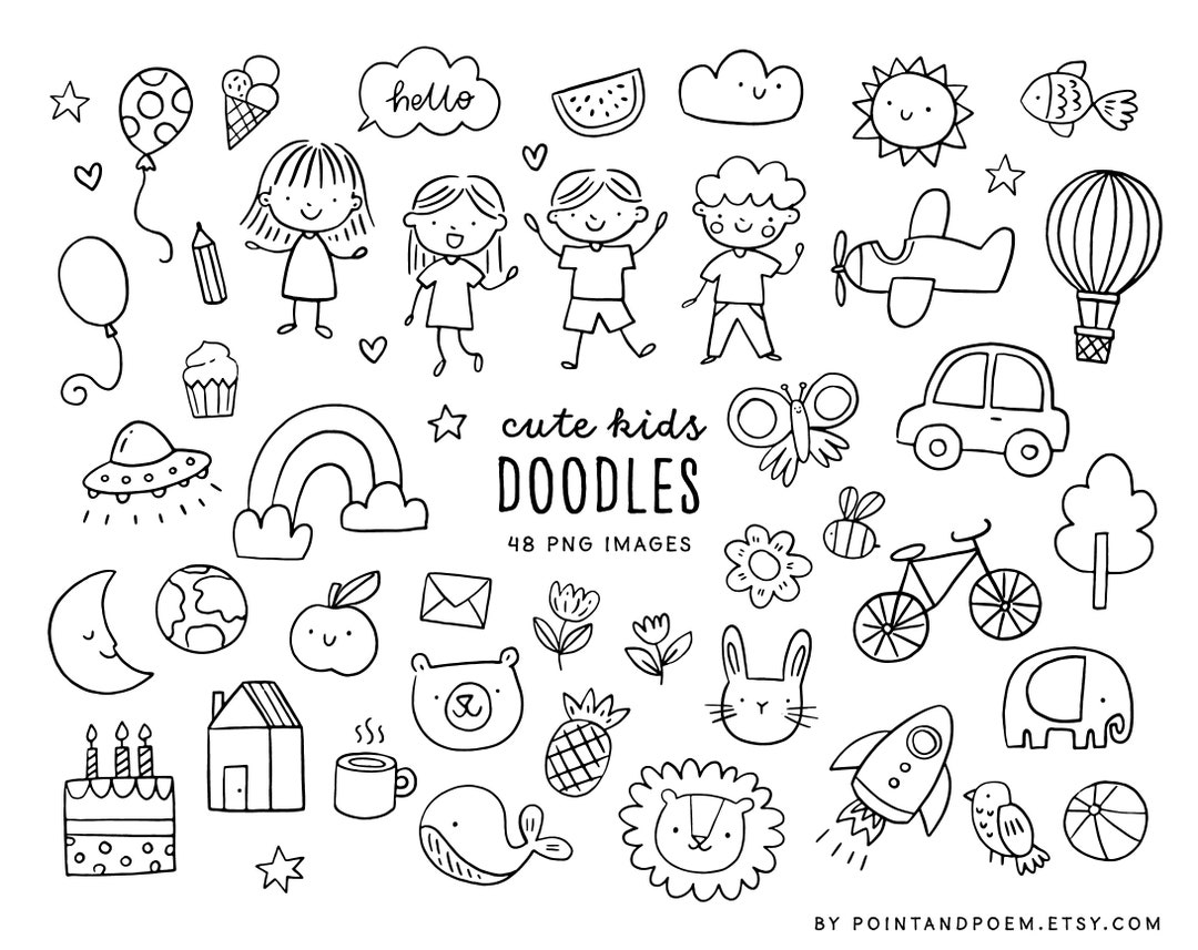 Kids Doodle Clipart, Cute School Clipart | Digital Stamps | Hand-drawn ...