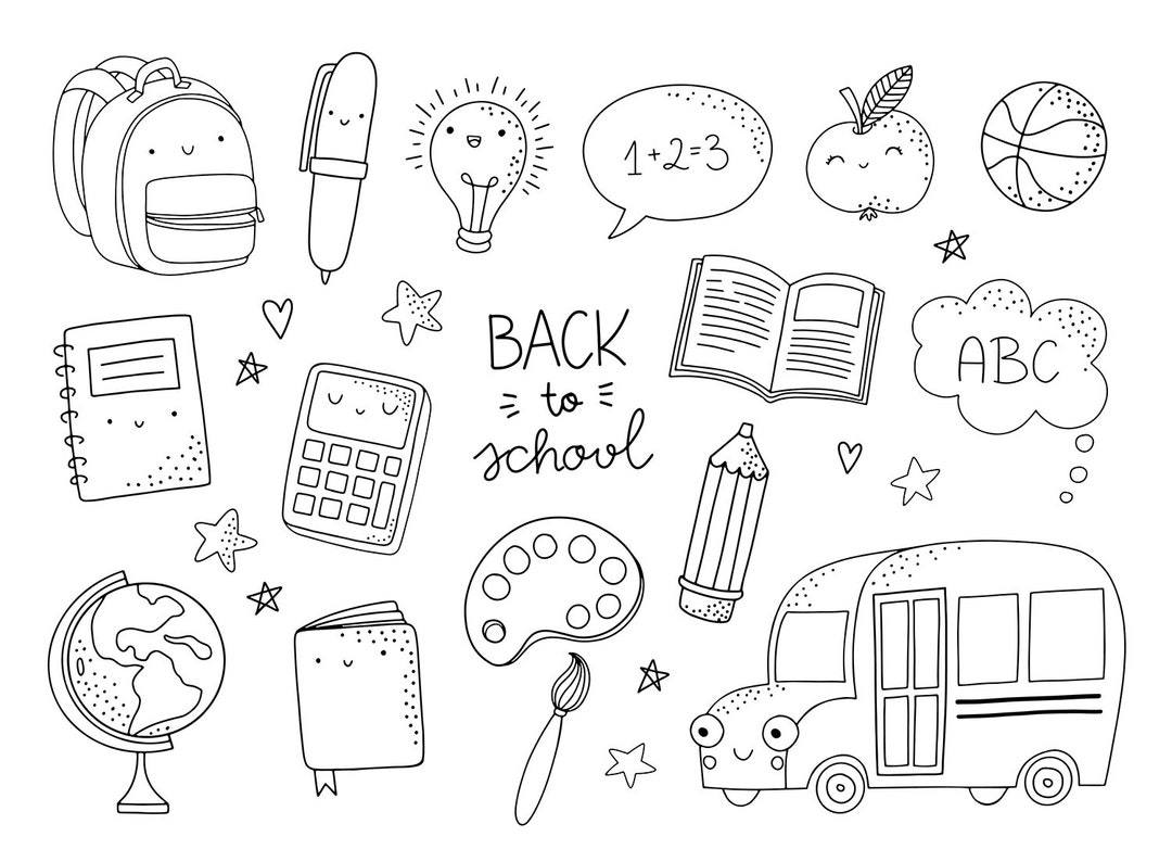 School Doodle Clipart Digital Stamps. Cute Back to School Supplies ...