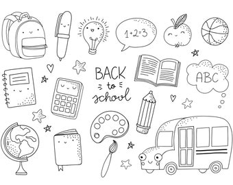 School Clipart. Cute Doodle Back to School Supplies Objects | Etsy