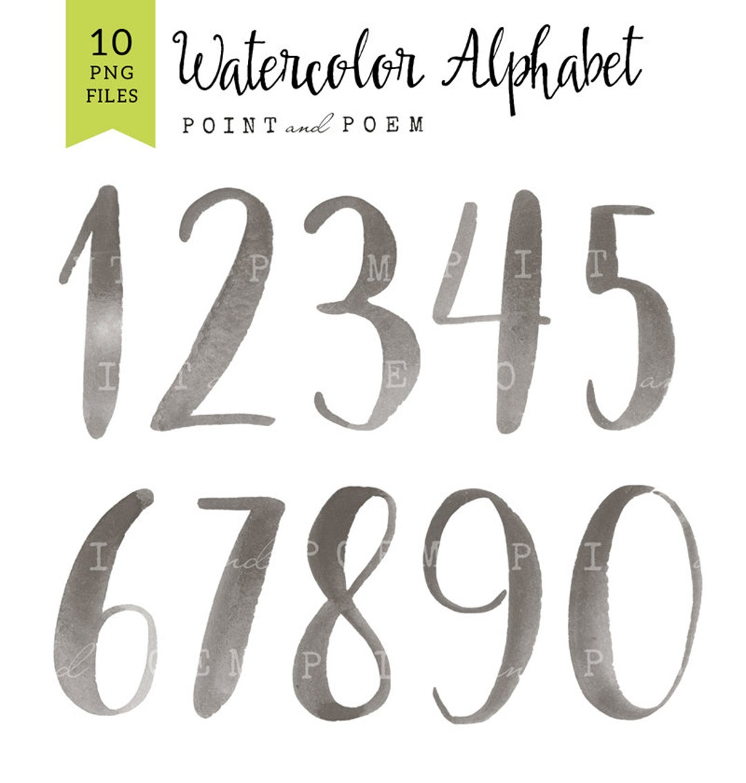 Numbers Clip Arts, Watercolor Letters, Cliparts, Hand Painted Gray ...