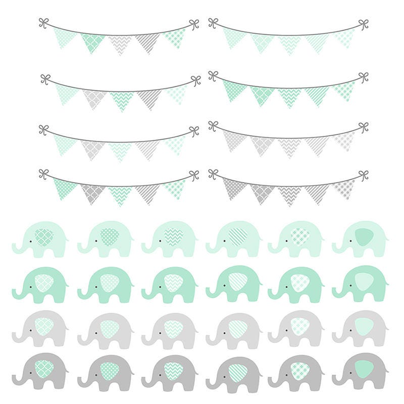 Elephant Clip Art, Digital Papers, Mint Green Baby Clipart, Mint & Gray ...