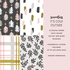 Christmas Digital Paper, Gold Gray Black Pink Scandi Christmas Digital ...