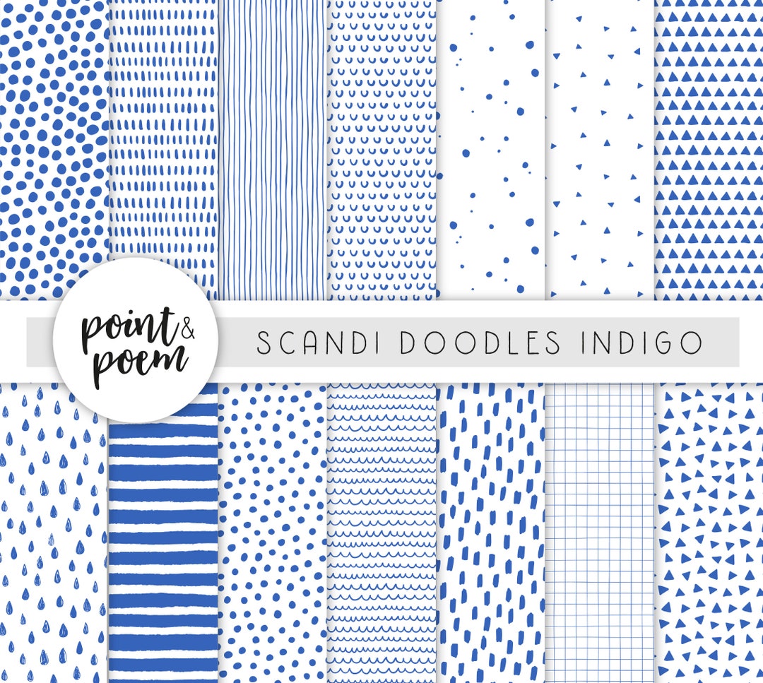 Doodle Scandinavian Digital Papers, Indigo & White Digital Paper Pack ...