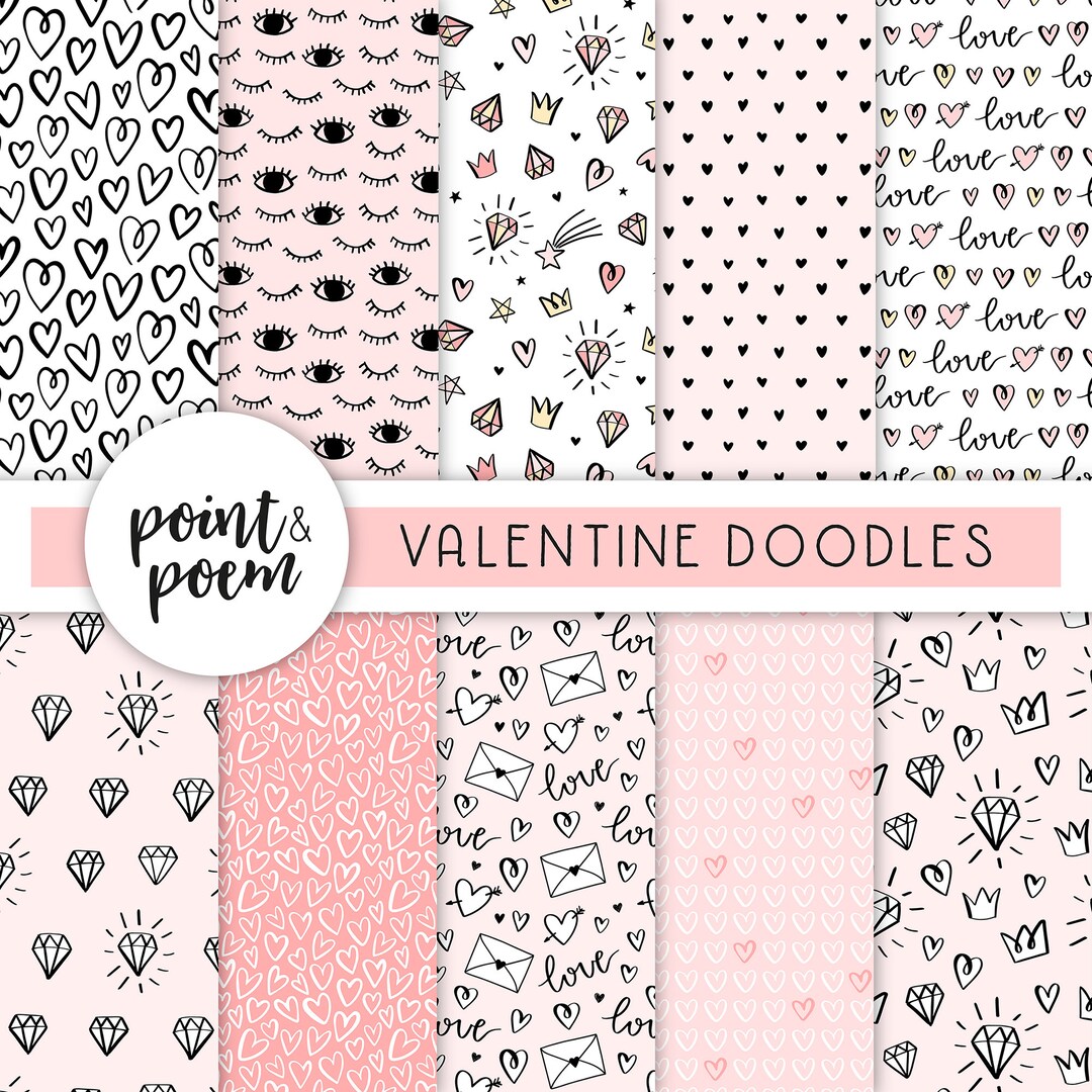 Doodle Valentine's Day Digital Papers, Pink & Black Scandi Digital ...
