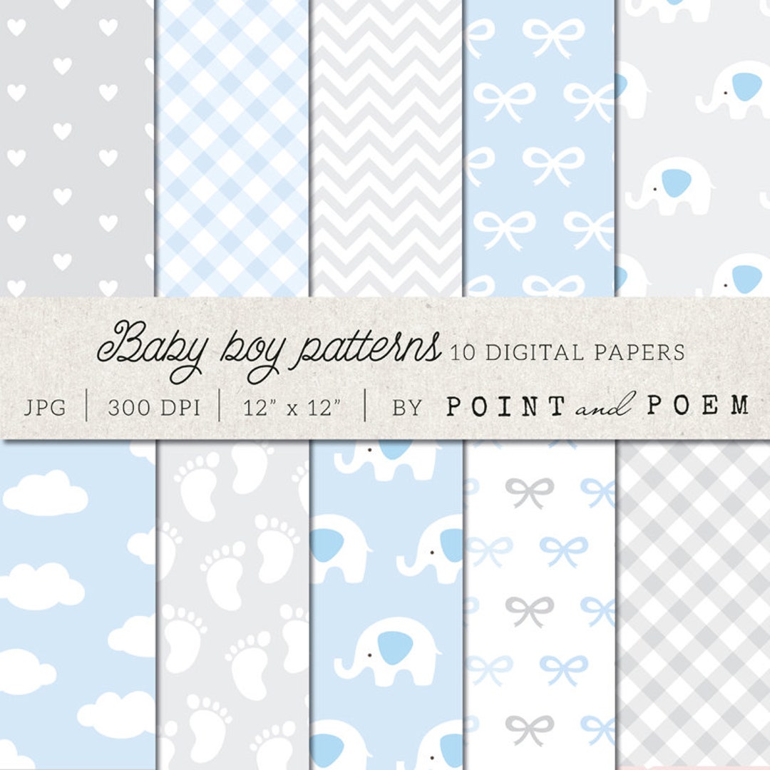 Baby Boy Digital Paper, Its a Boy Patterns, Baby Shower, Blue, Gray ...