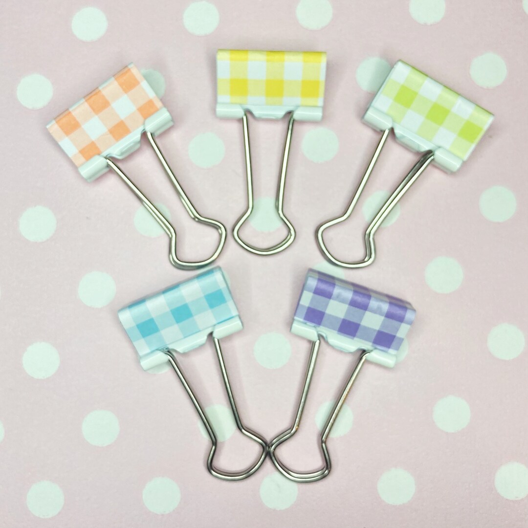 Gingham Binder Clips; Pastel - Cute Set of 5. Medium (32mm/ 1 1/4”) and ...