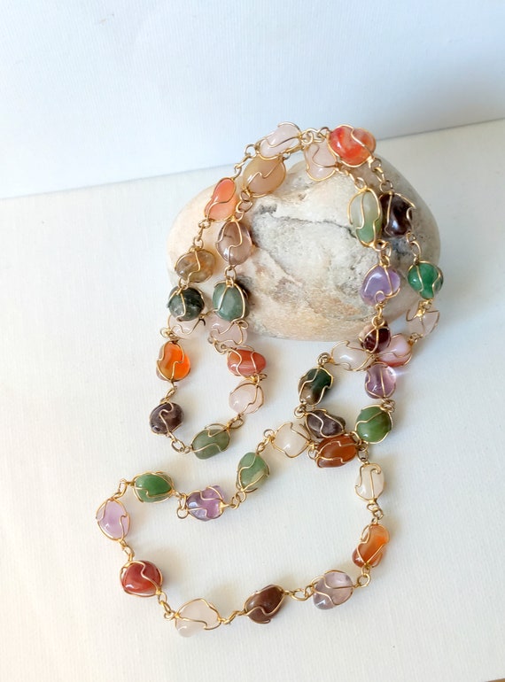 Vintage Agate Carnelian 36" Necklace, Multicolor Genu… - Gem