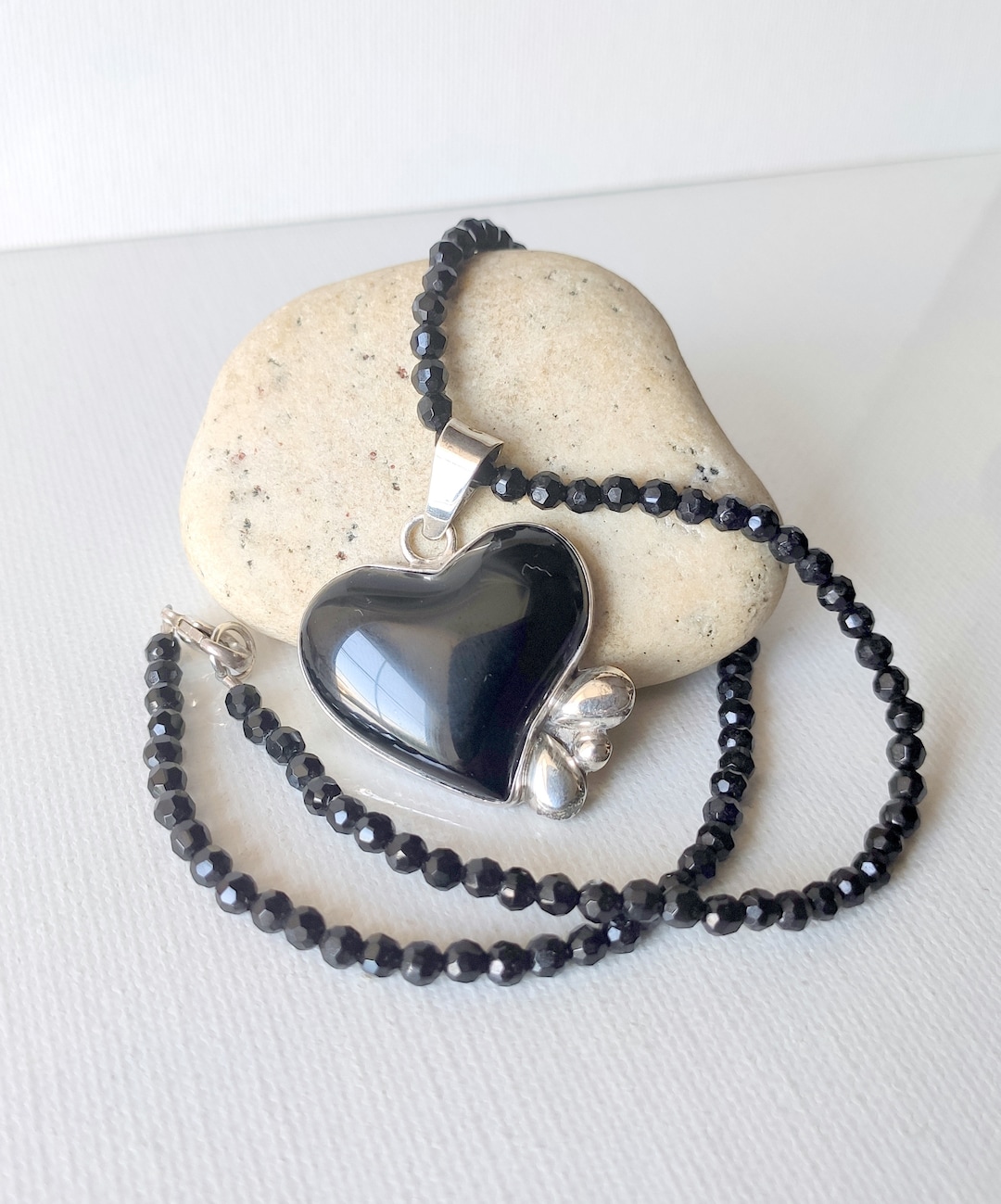 Sterling Silver Onyx Heart Pendant Necklace 16" Modernist Black Onyx ...