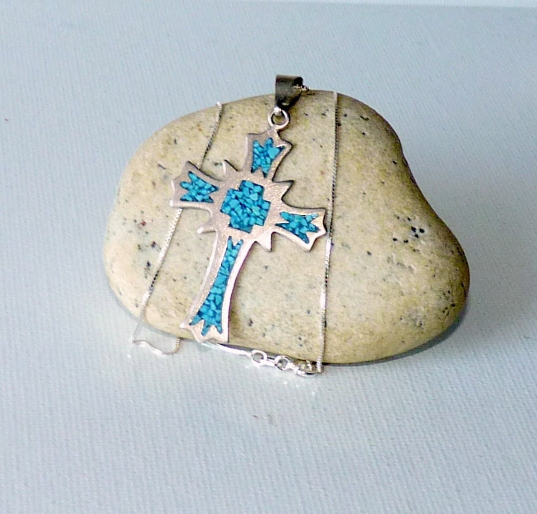 Sterling Silver Crushed Turquoise Cross Pendant 20" Necklace ...