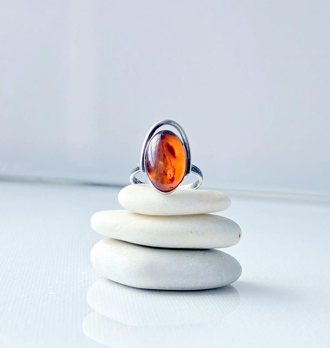 Vintage Sterling Silver Oval Amber Ring, Baltic Amber 925 Ring, Size 7 ...
