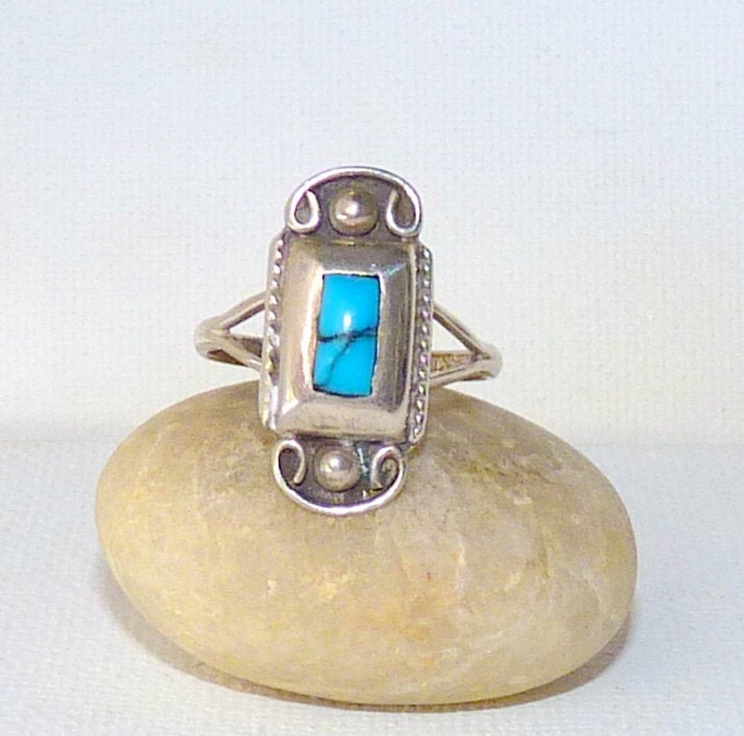 Native American Blue Turquoise Ring Size 7 1/4 Navajo Sterling Silver ...