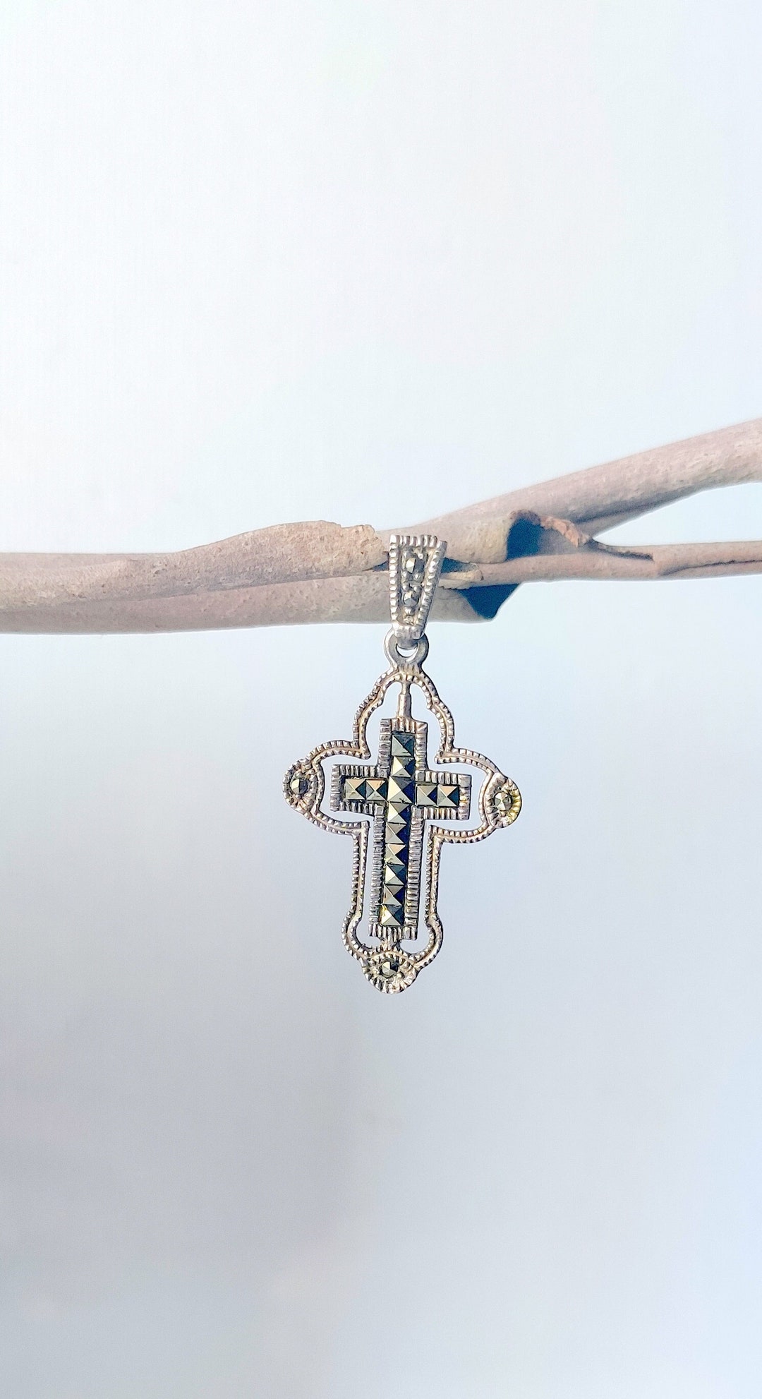 Sterling Silver Marcasite Cross Pendant 925 Art Deco Vintage Jesus ...