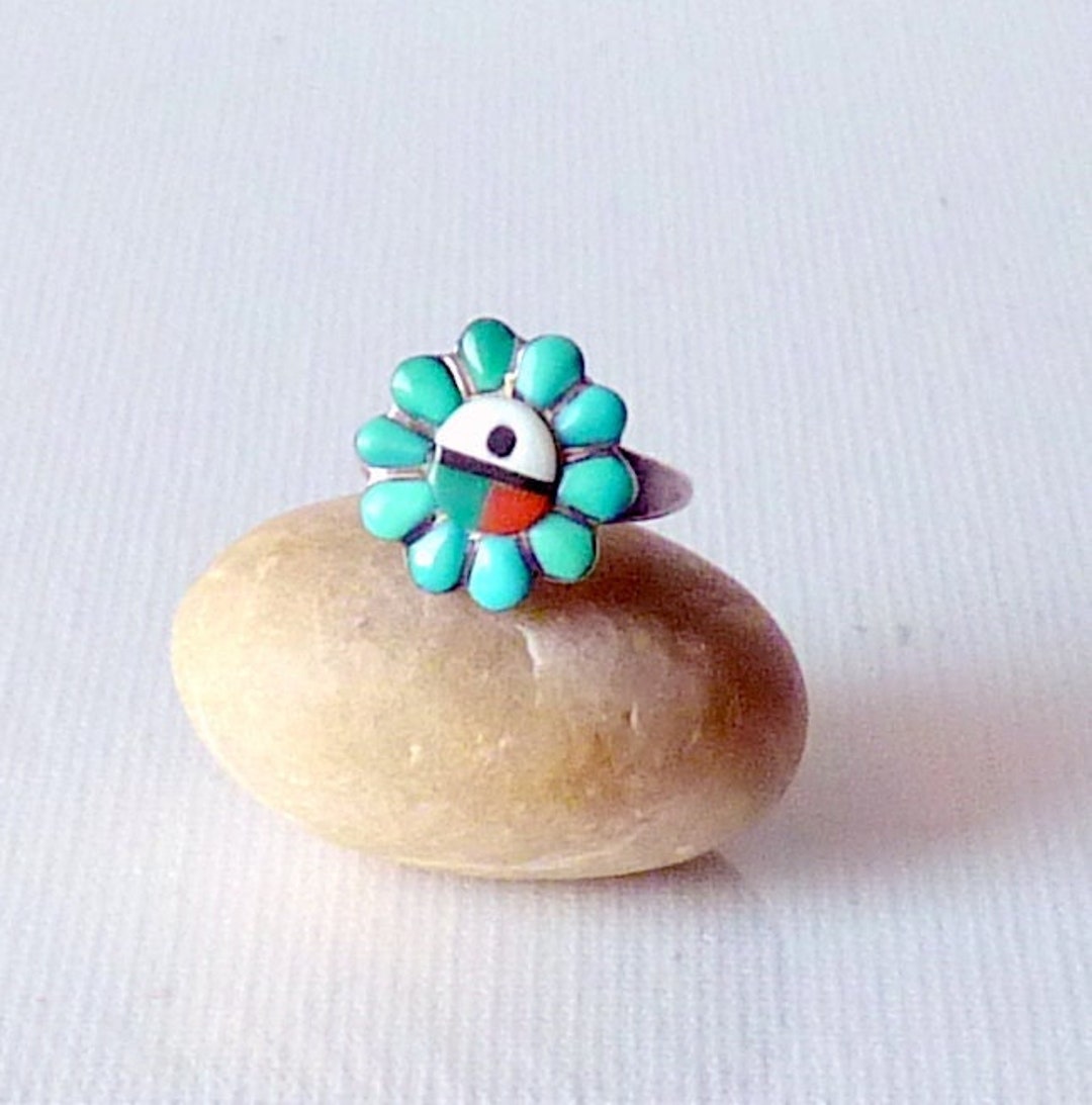 Southwestern Turquoise Inlay Sun Face Ring Size 5 1/2 Red White Green ...