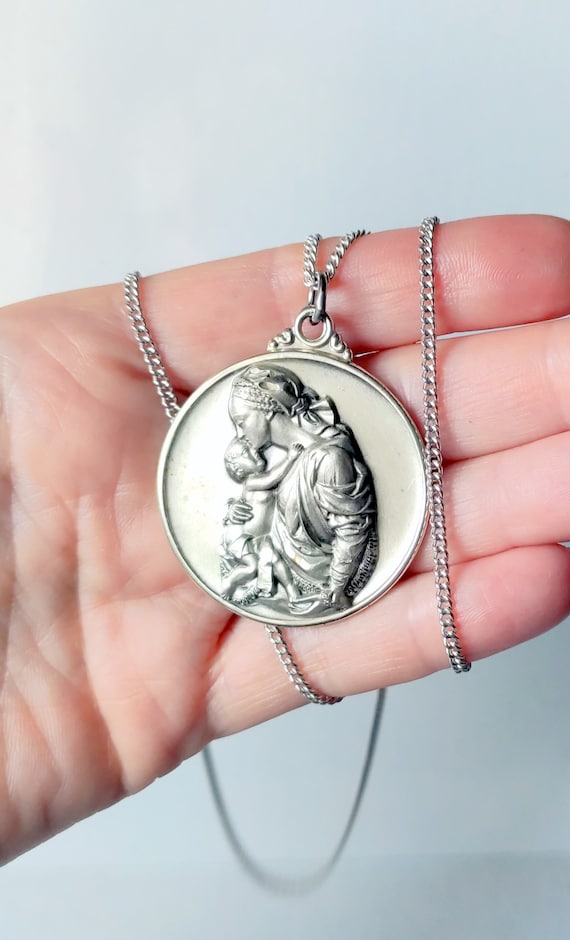 Extra Large Sterling Silver Mother of God Signed CREED Pendant 22 Chain Necklace Vintage Virgin Mary Our Lady 925 Christian Jewelry Etsy