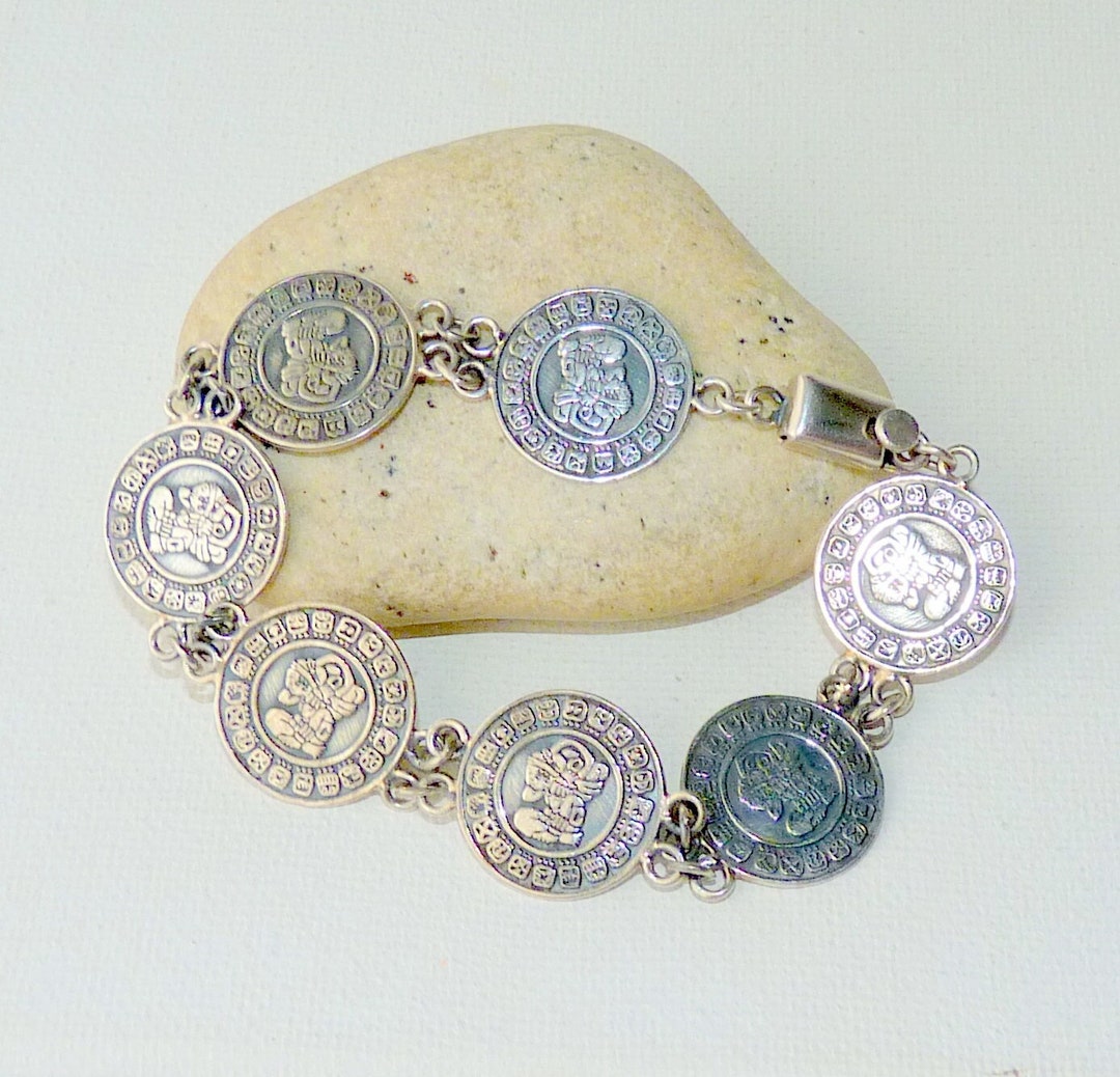 Vintage Sterling Silver Coin Bracelet 8" Coin Link Bracelet 925 Tribal ...