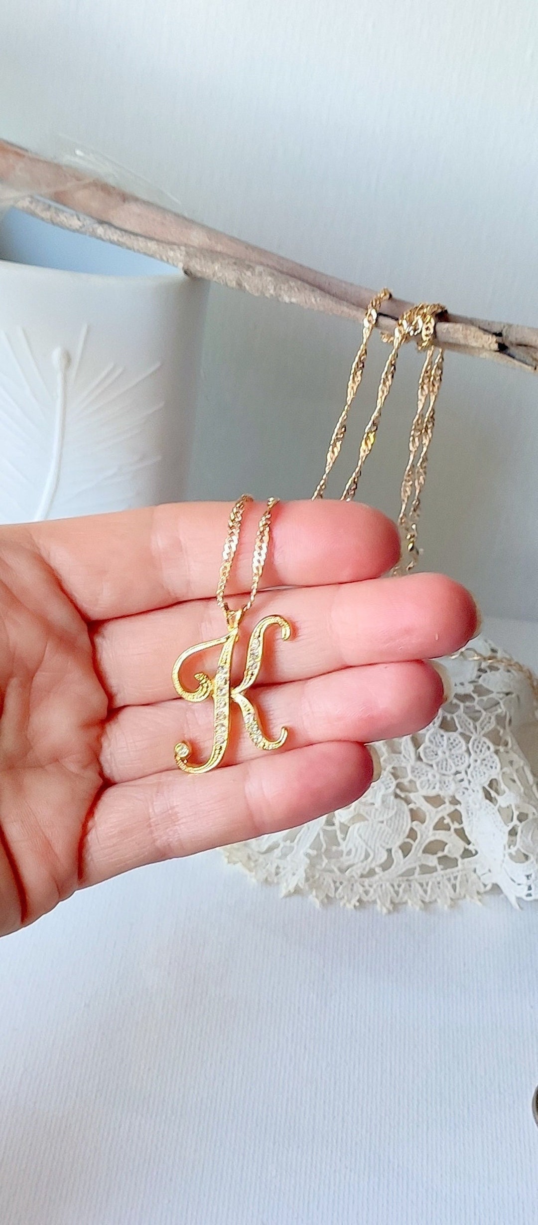 Gold Tone K Rhinestone Pendant Crystal 20" Necklace, K Initial, K Chain ...