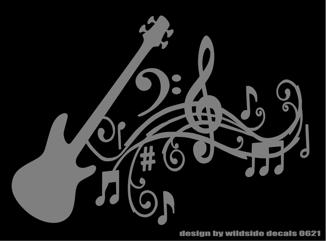 Electric Bass Guitar Decal With Musical Staff Contour Cut Vinyl Sticker ...