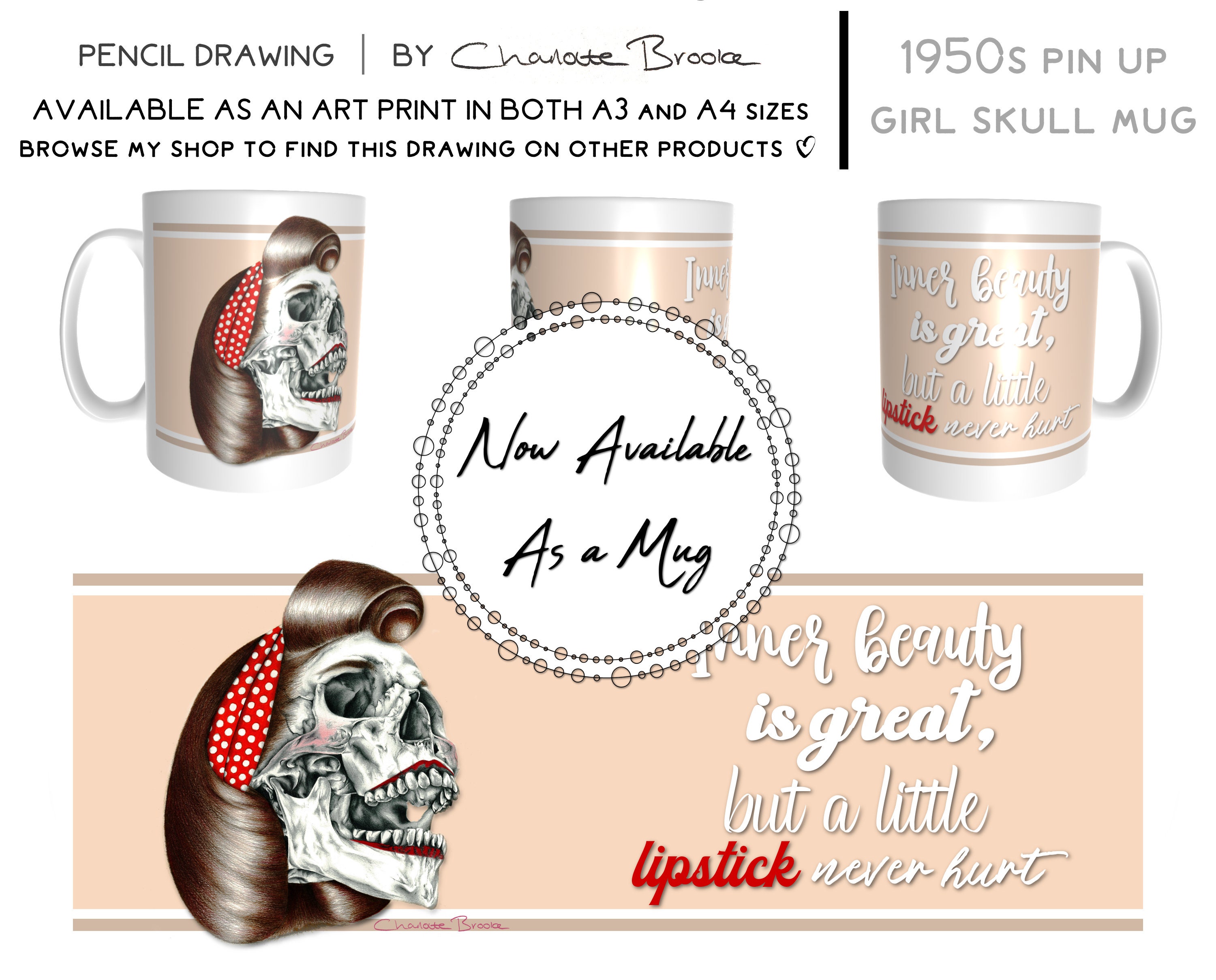 1950s Pin-up Girl Skull Pencil Portrait Drawing Print | Etsy