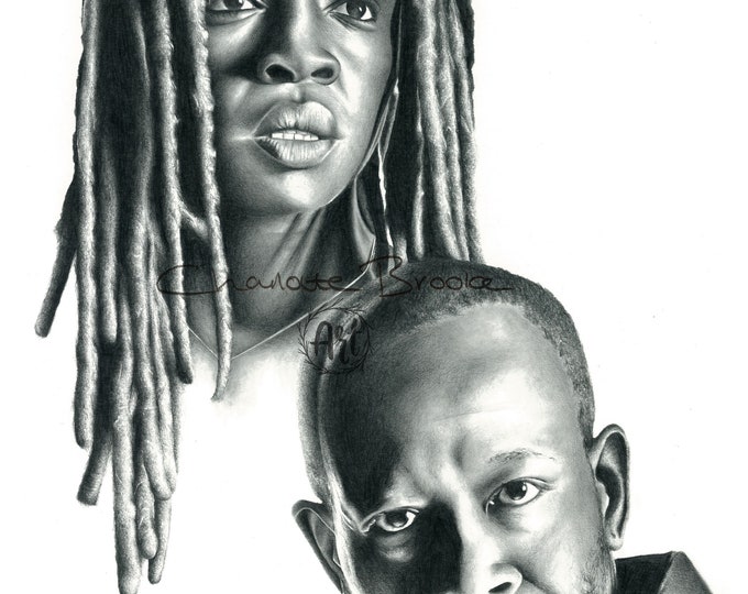 Michonne and Morgan - the Walking Dead Pencil Portrait Drawing Print ...