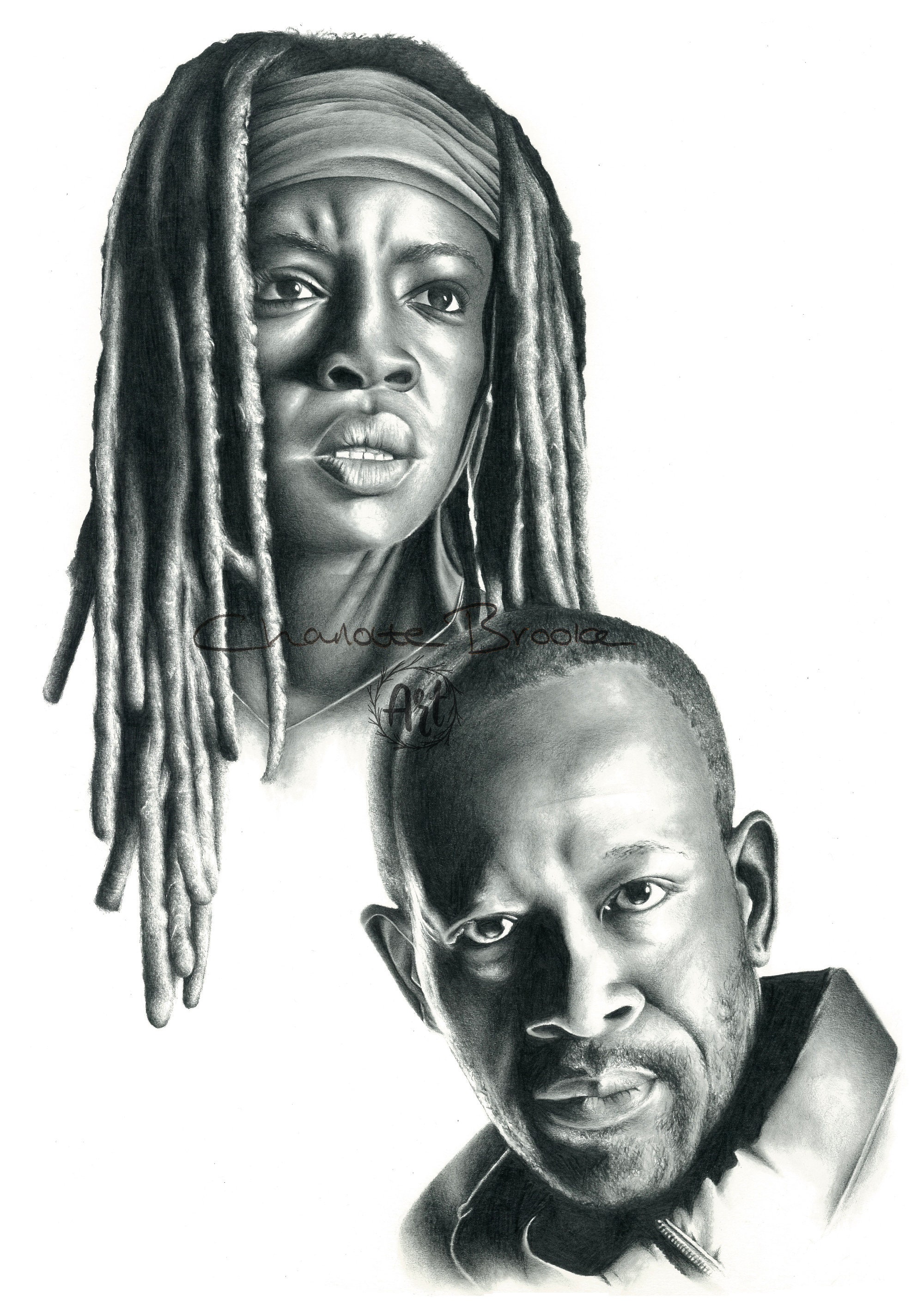 Michonne and Morgan - the Walking Dead Pencil Portrait Drawing Print ...