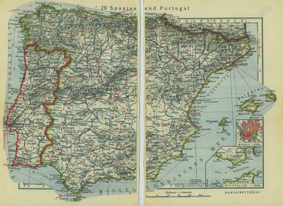 1933 Vintage Map of Spain Home & Living Globes & Maps etna.com.pe