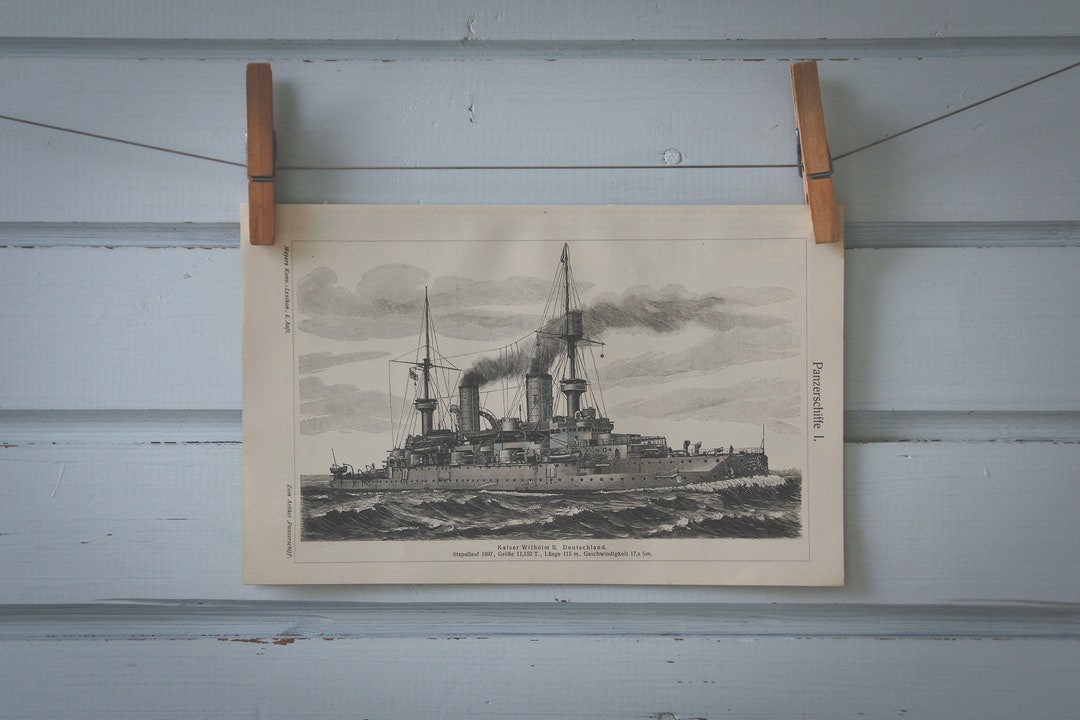 1907 Vintage Battleship SMS Kaiser Wilhelm II Lithograph Illustration ...