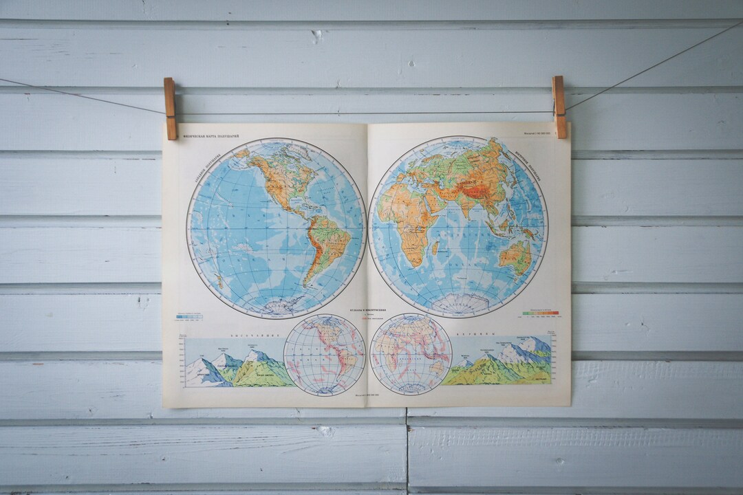 1967 Vintage World Hemispheres Map - Etsy