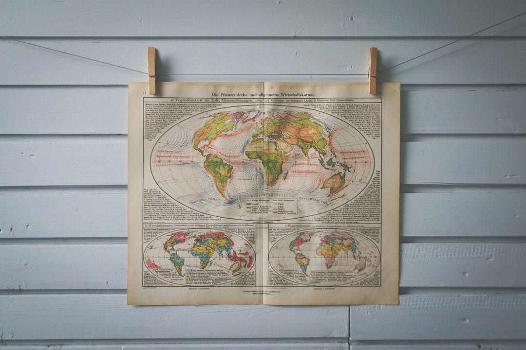 1928 Vintage World Map of Vegetation & Ocean Currents - Etsy