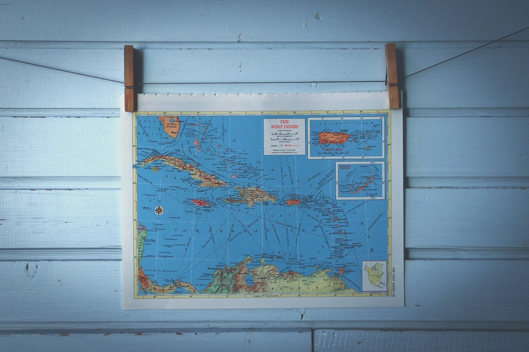 1957 Vintage Map of the Caribbean - Etsy