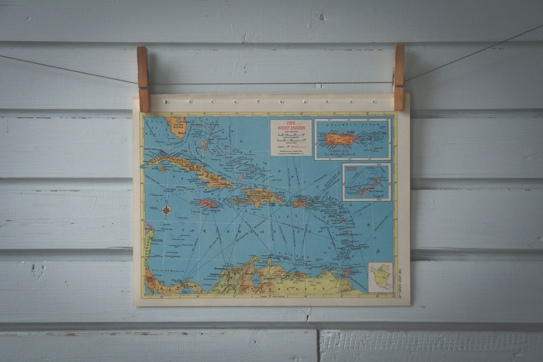 1957 Vintage Map of the Caribbean - Etsy
