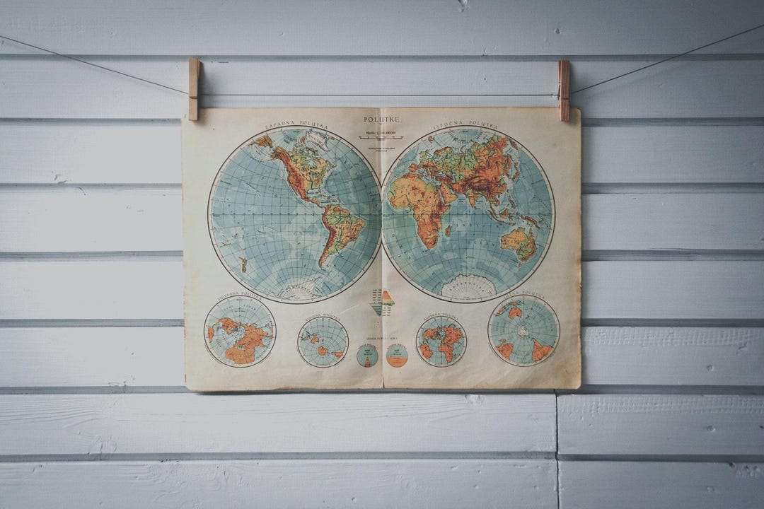 1952 Vintage World Hemispheres Map - Etsy
