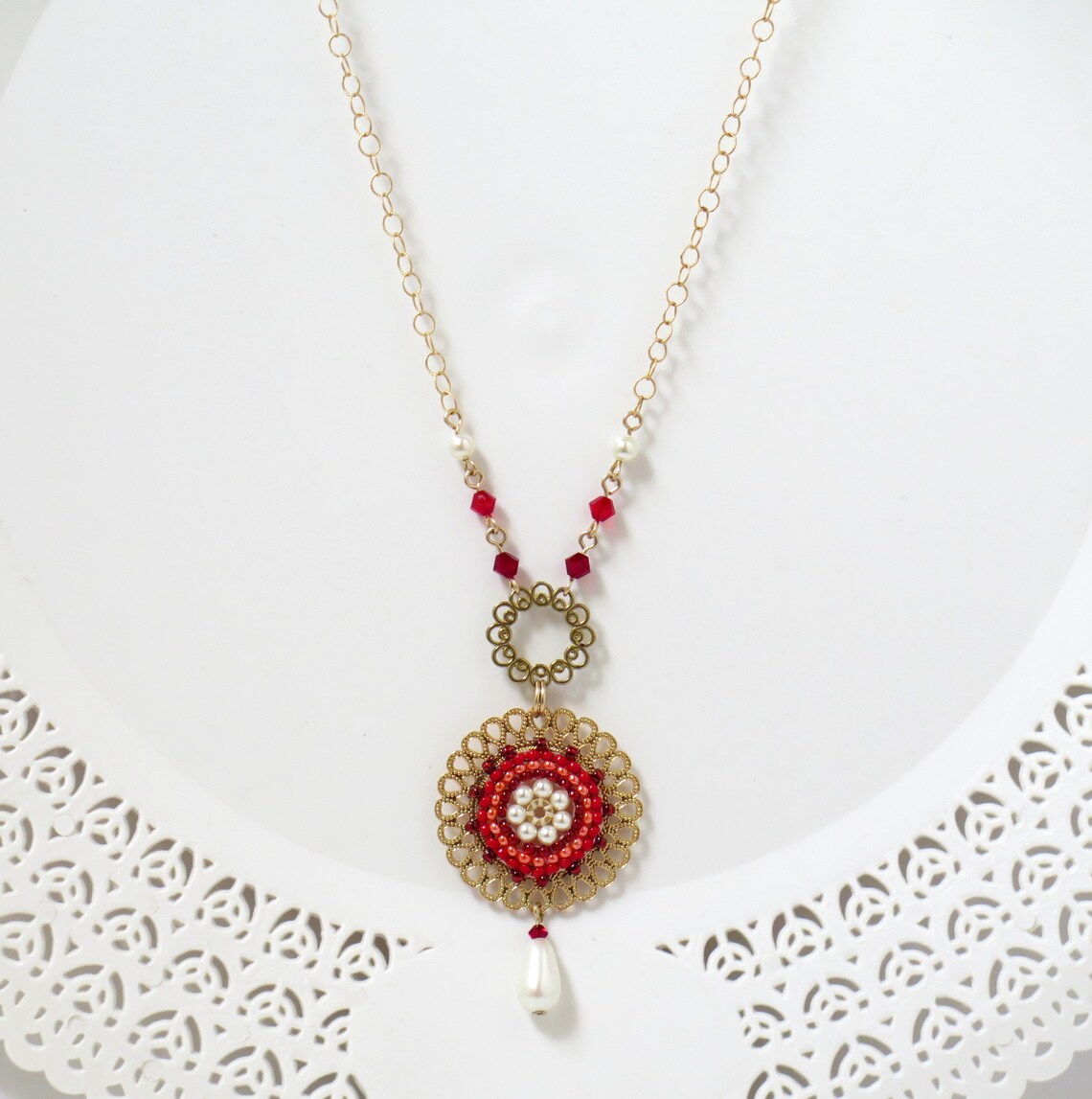 Long Red Pendant Necklace Statement Round Necklace Gold - Etsy