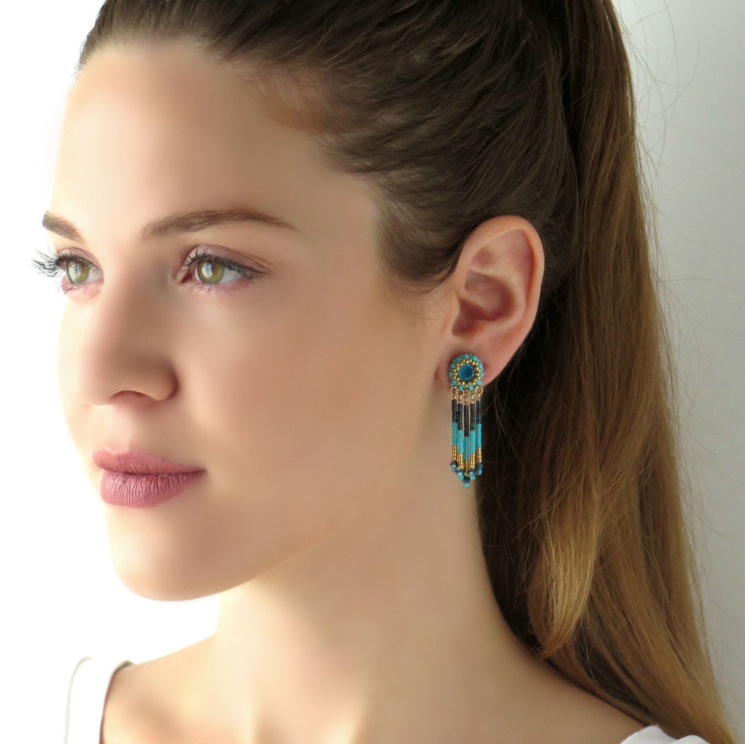 Beaded Tassel Earrings, Unique Stud Earrings for Women, Blue and Gold ...