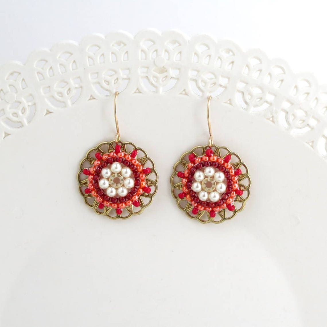 Long Red Pendant Necklace Statement Round Necklace Gold - Etsy