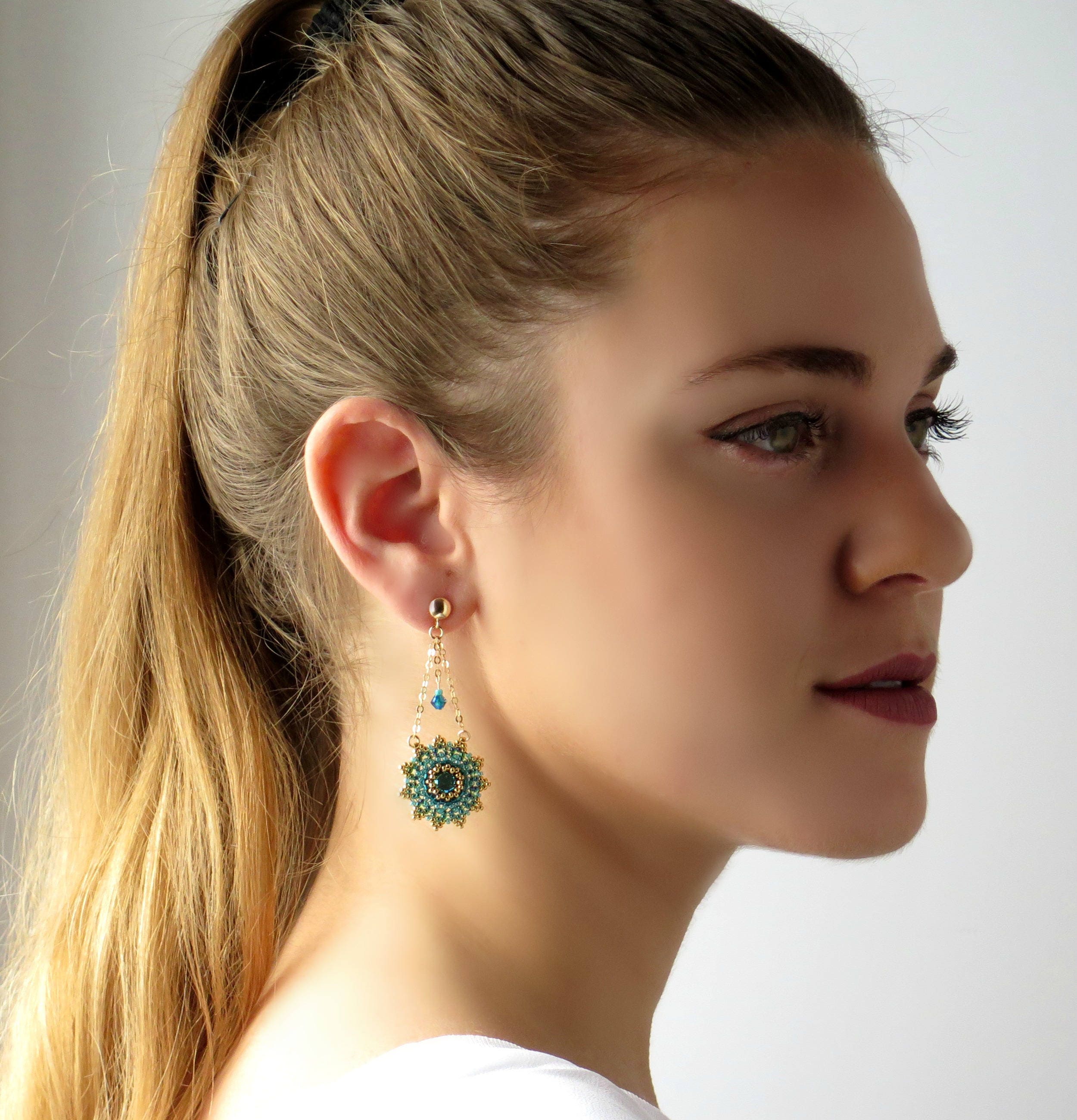Turquoise Earrings Dangle Long Stud Earrings Swarovski - Etsy