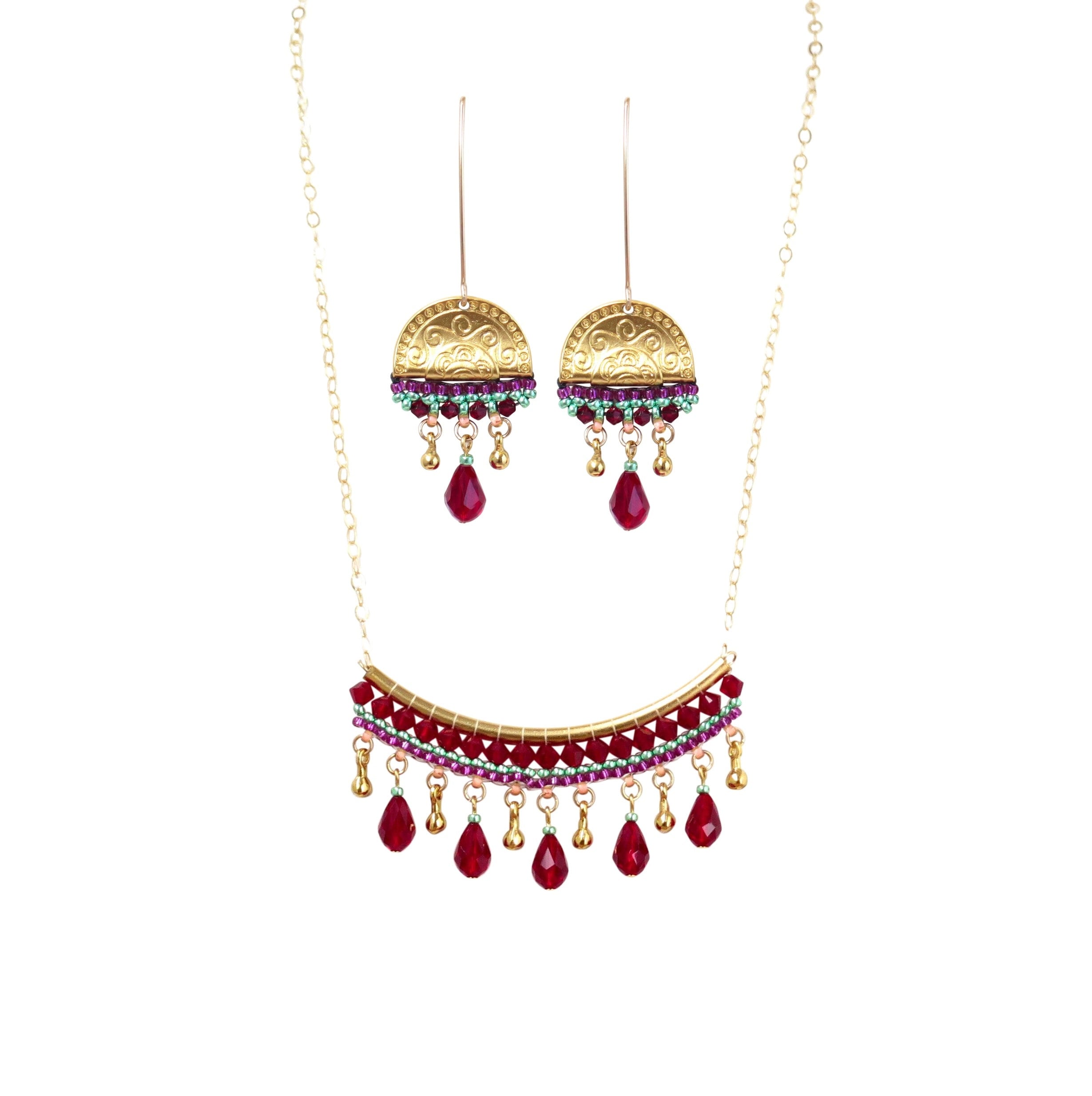 Red and Gold Jewelry Set Boho Necklace and Earring Set - Etsy