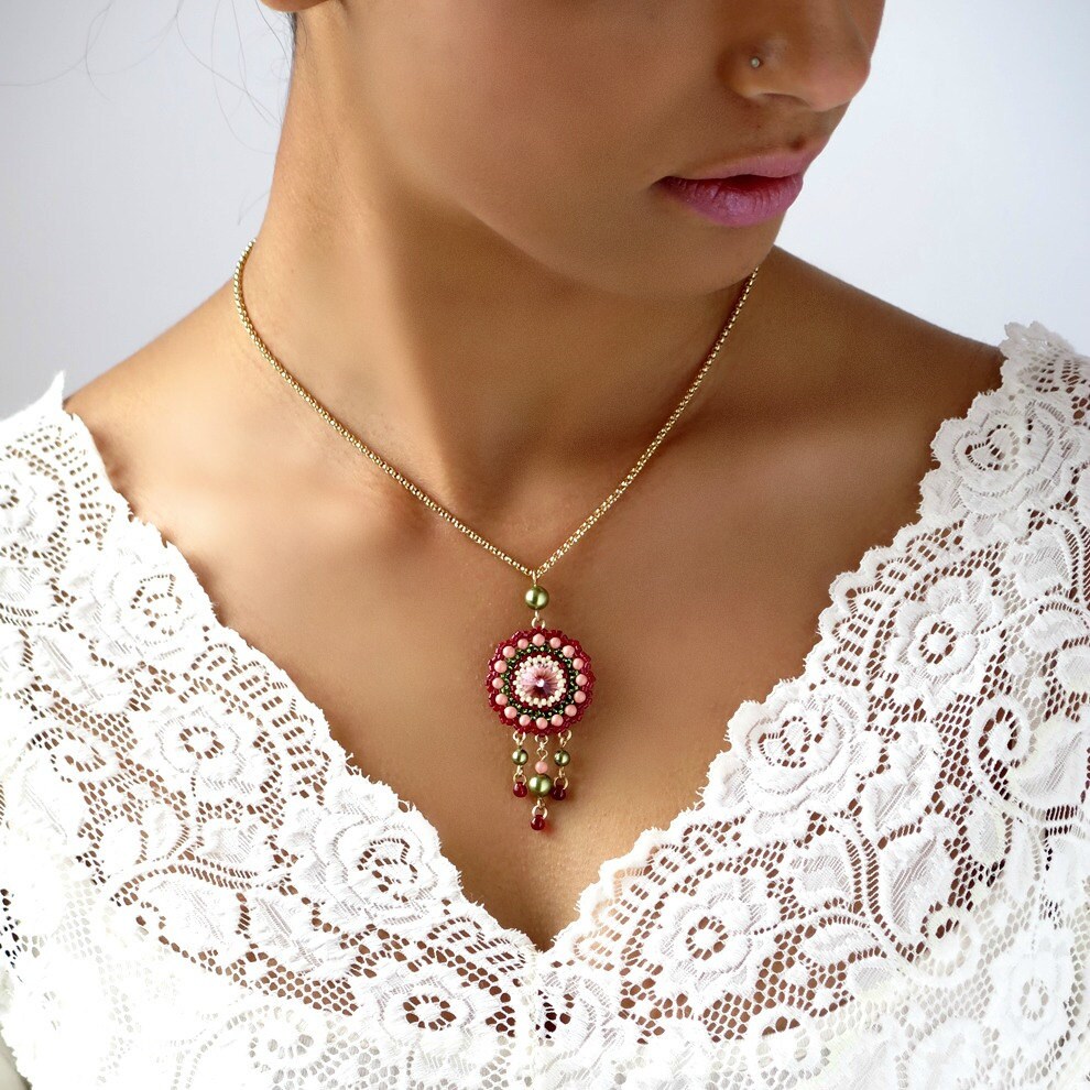 Colorful Chandelier Pendant Necklace, Green and Red Swarovski Crystal ...