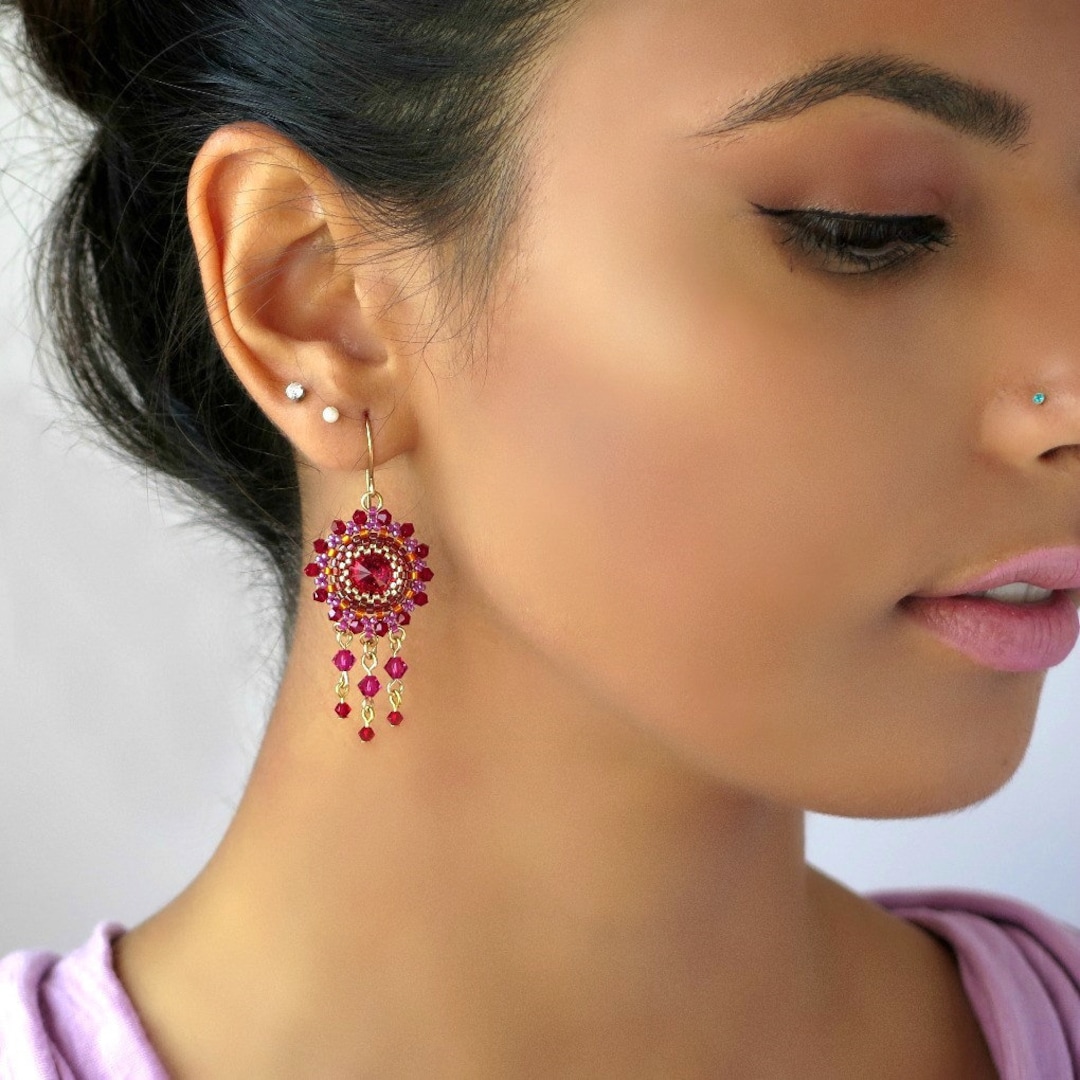 Red Statement Earrings, Chandelier Earrings Boho, Swarovski Crystal ...